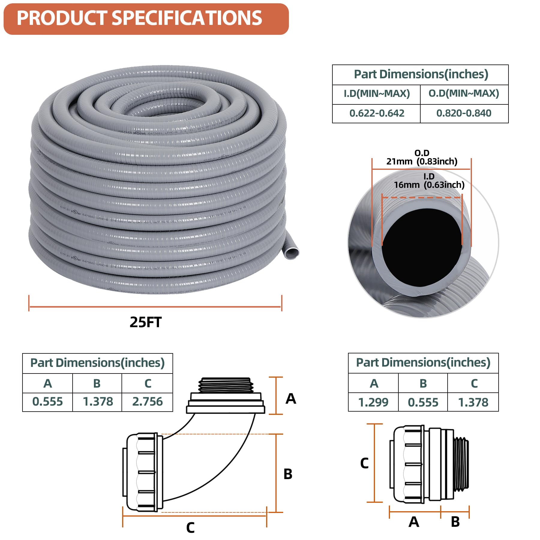 Neorexon Liquid-Tight Conduit and Connector Kit 1/2inch 25ft, Flexible Non Metallic Liquid Tight Electrical Conduit w/UL Certification, Electrical Conduit Kit with 5 Straight, 5 Angle Fittings