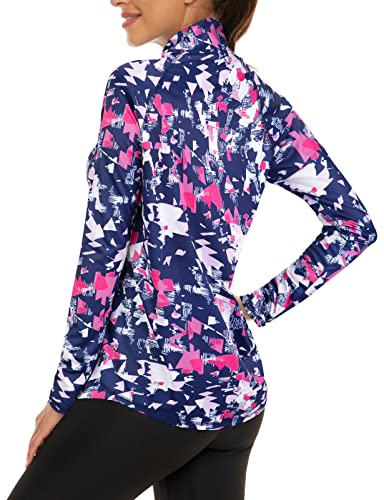 LURANEE 3/4 Zip Pullover Women's, SPF Long Sleeve Yoga Jacket, Workout & Running Activewear - Medium, Geometry Blueeink
