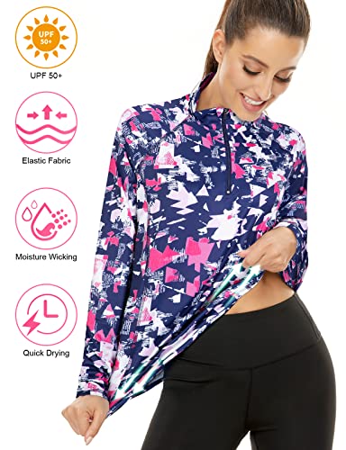 LURANEE 3/4 Zip Pullover Women's, SPF Long Sleeve Yoga Jacket, Workout & Running Activewear - Medium, Geometry Blueeink