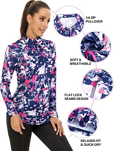 LURANEE 3/4 Zip Pullover Women's, SPF Long Sleeve Yoga Jacket, Workout & Running Activewear - Medium, Geometry Blueeink
