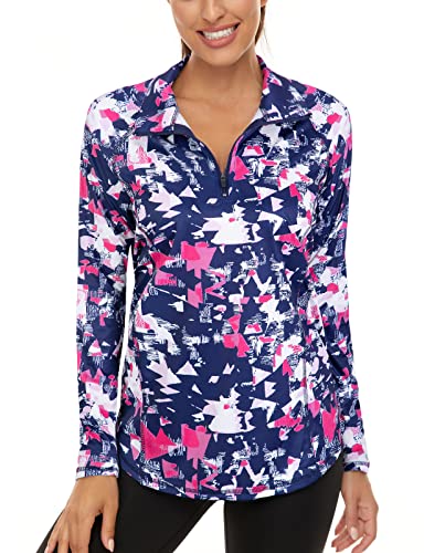 LURANEE 3/4 Zip Pullover Women's, SPF Long Sleeve Yoga Jacket, Workout & Running Activewear - Medium, Geometry Blueeink