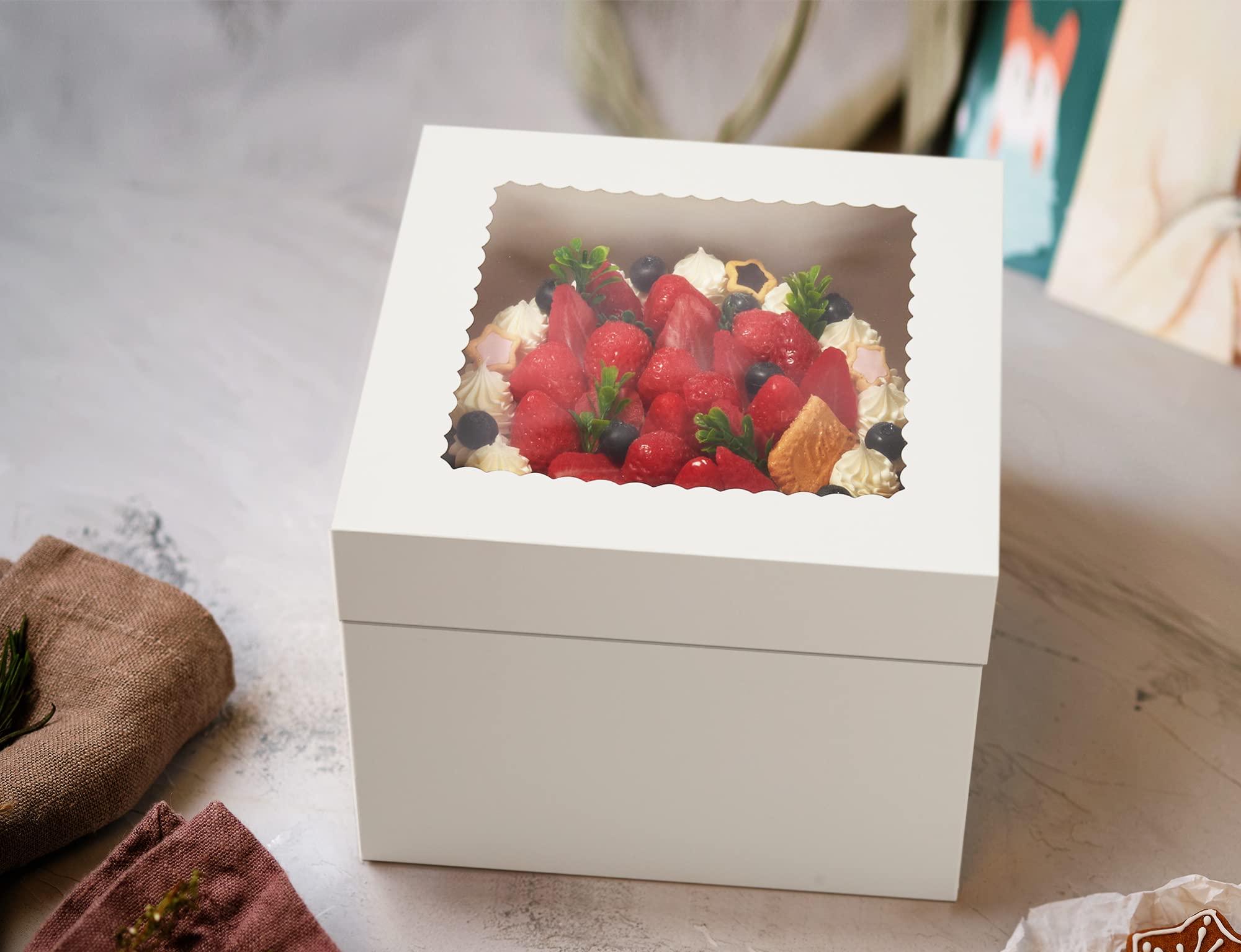 Kootek 15pcs Cake Boxes, 10x10x8 Inches Tall Cake Box with Window, White Bakery Boxes, Large Baking Boxes, Square Cardboard Cake Box for Multi-Layer Cakes, Cake Decorating Supplies for Gift Giving