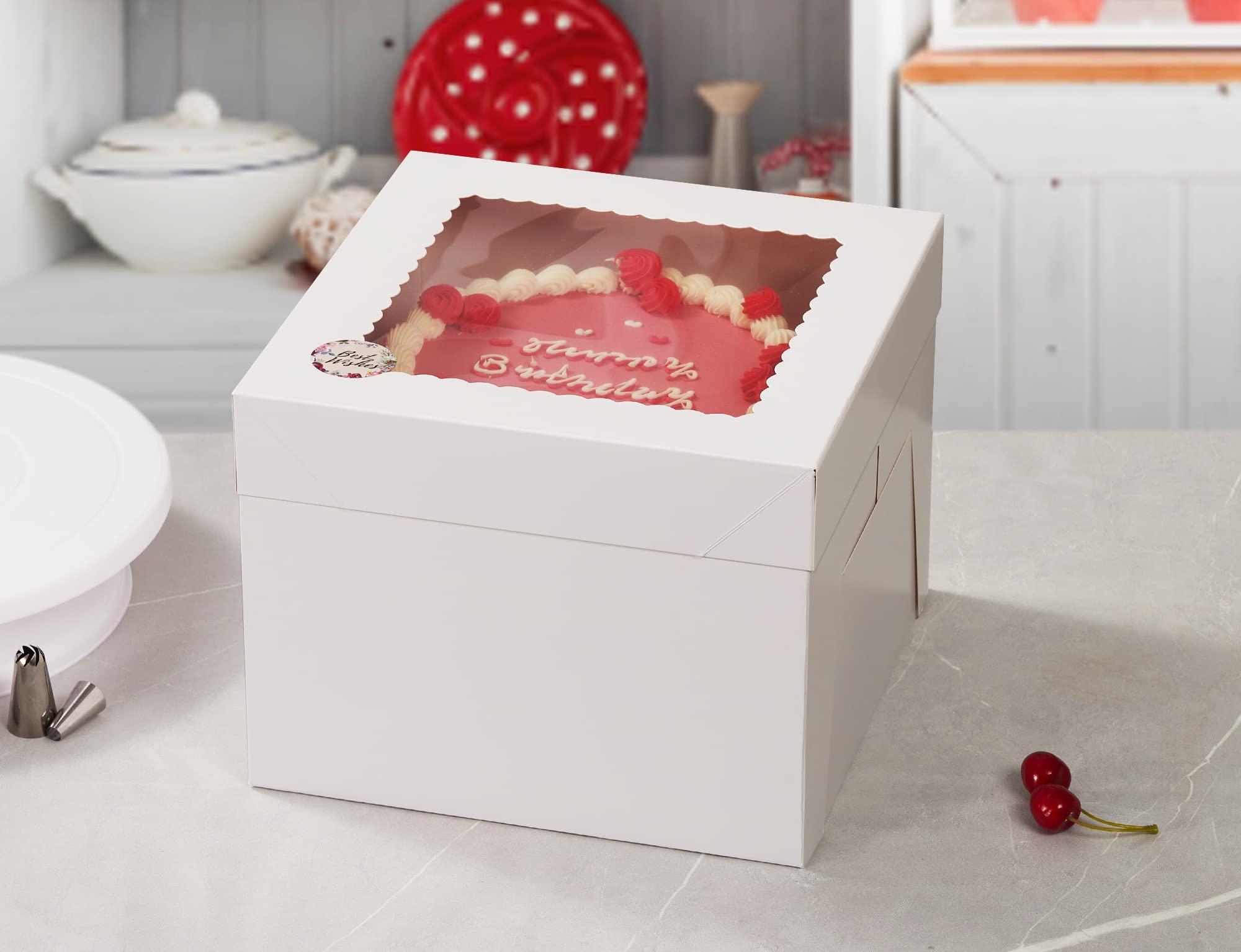 Kootek 15pcs Cake Boxes, 10x10x8 Inches Tall Cake Box with Window, White Bakery Boxes, Large Baking Boxes, Square Cardboard Cake Box for Multi-Layer Cakes, Cake Decorating Supplies for Gift Giving