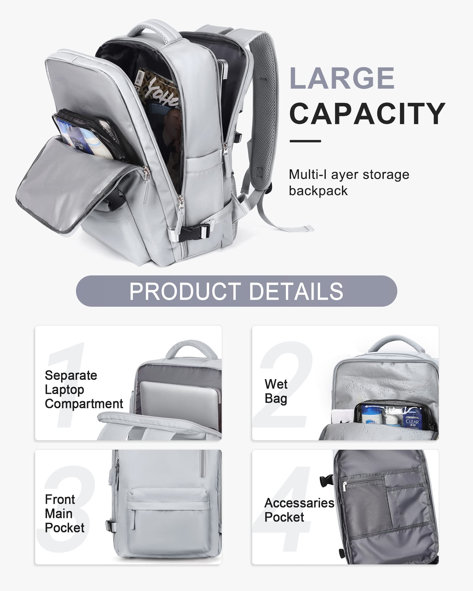 Carry On Backpack for Women, Airline Approved Personal Item Large Travel Backpack Flight Approved, Waterproof Laptop Bag Business Work Gym Backpacks Men Grey Mochila De Viaje