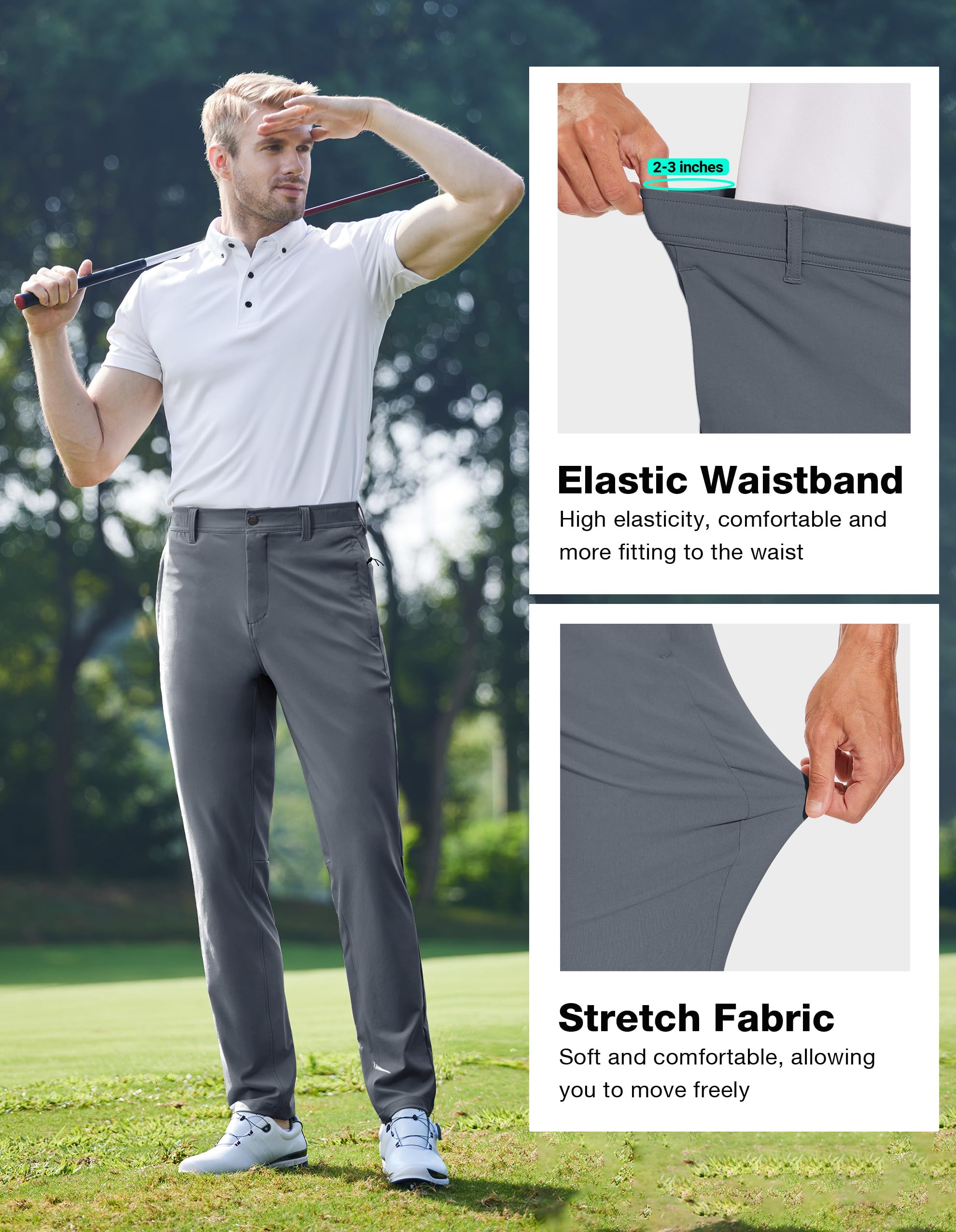 SPECIALMAGIC Golf Hiking Pants for Men Slacks Dress Pants Elastic Waist Casual Tapered Stretchy Slim Fit Denim Blue,32W30L