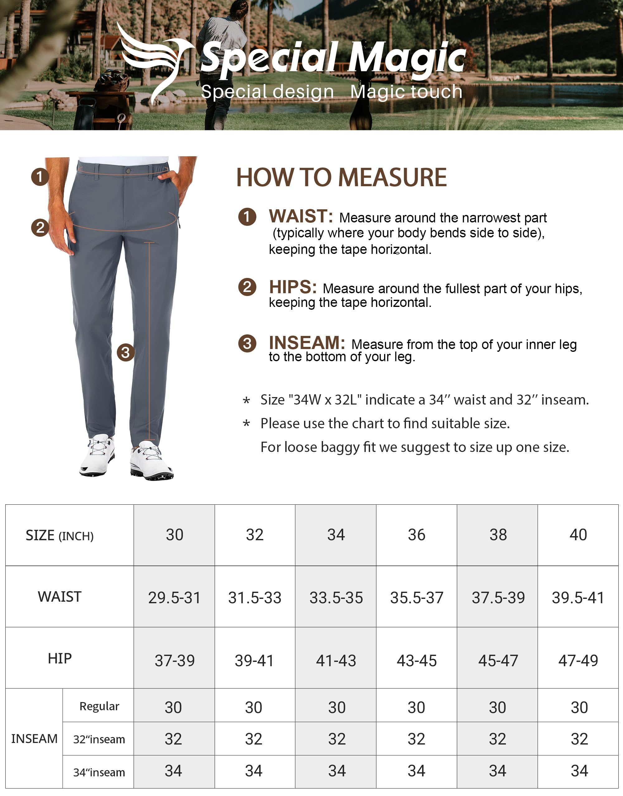 SPECIALMAGIC Golf Hiking Pants for Men Slacks Dress Pants Elastic Waist Casual Tapered Stretchy Slim Fit Denim Blue,32W30L