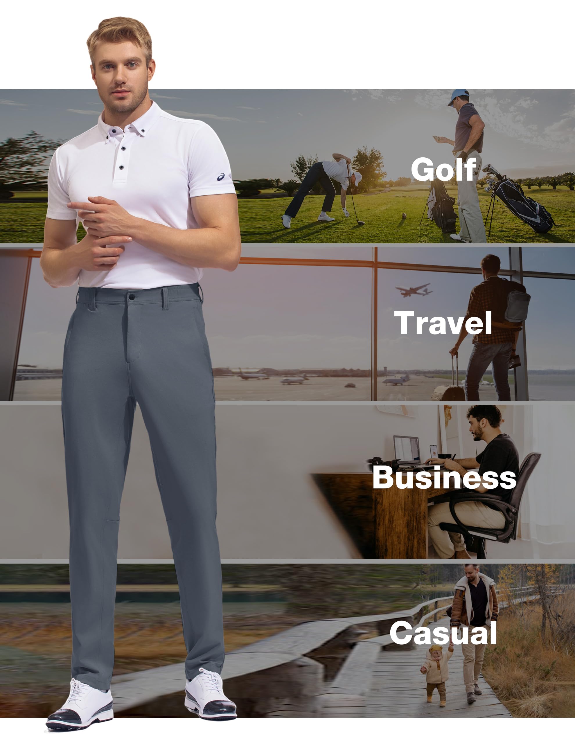 SPECIALMAGIC Golf Hiking Pants for Men Slacks Dress Pants Elastic Waist Casual Tapered Stretchy Slim Fit Denim Blue,32W30L
