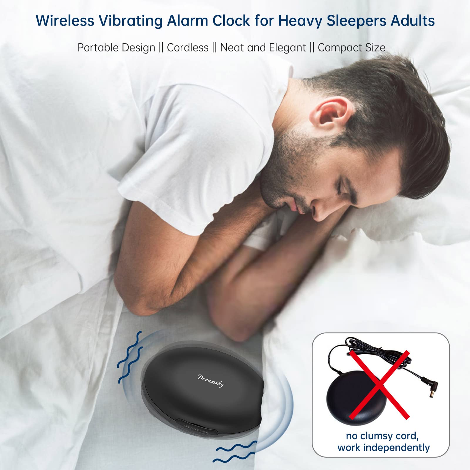 DreamSky Vibrating Alarm Clock for Heavy Sleepers - Auto Set Bed Shaker Alarm Clock Under Pillow for Hearing Impaired, Bedroom, Travel, Rechargeable Battery Operated, Cordless, Auto DST, LCD Backlight