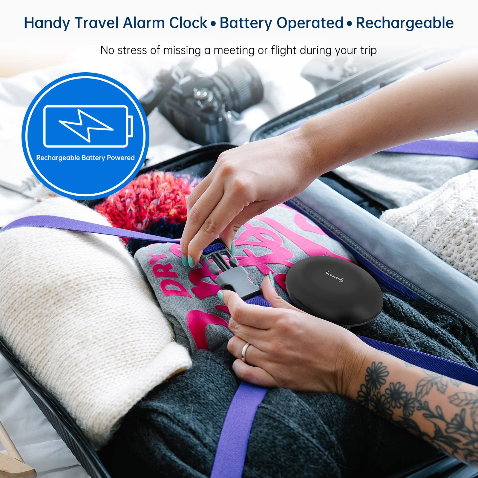 DreamSky Vibrating Alarm Clock for Heavy Sleepers - Auto Set Bed Shaker Alarm Clock Under Pillow for Hearing Impaired, Bedroom, Travel, Rechargeable Battery Operated, Cordless, Auto DST, LCD Backlight