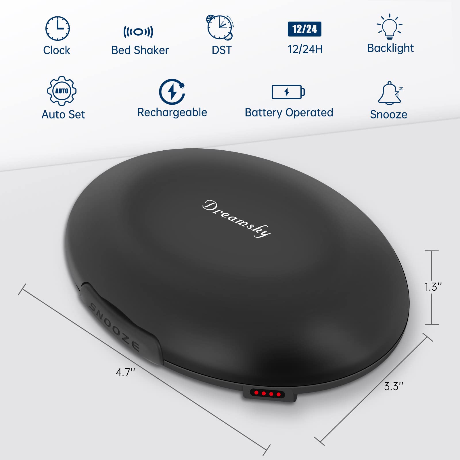 DreamSky Vibrating Alarm Clock for Heavy Sleepers - Auto Set Bed Shaker Alarm Clock Under Pillow for Hearing Impaired, Bedroom, Travel, Rechargeable Battery Operated, Cordless, Auto DST, LCD Backlight