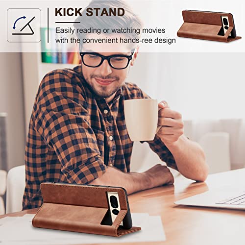 Jasonyu Flip Wallet Case for Google Pixel 7 Pro 5G,Leather Magnetic Folio Cover with Card Holder,Kickstand - TPU Shockproof Durable Protective Phone Case,Brown