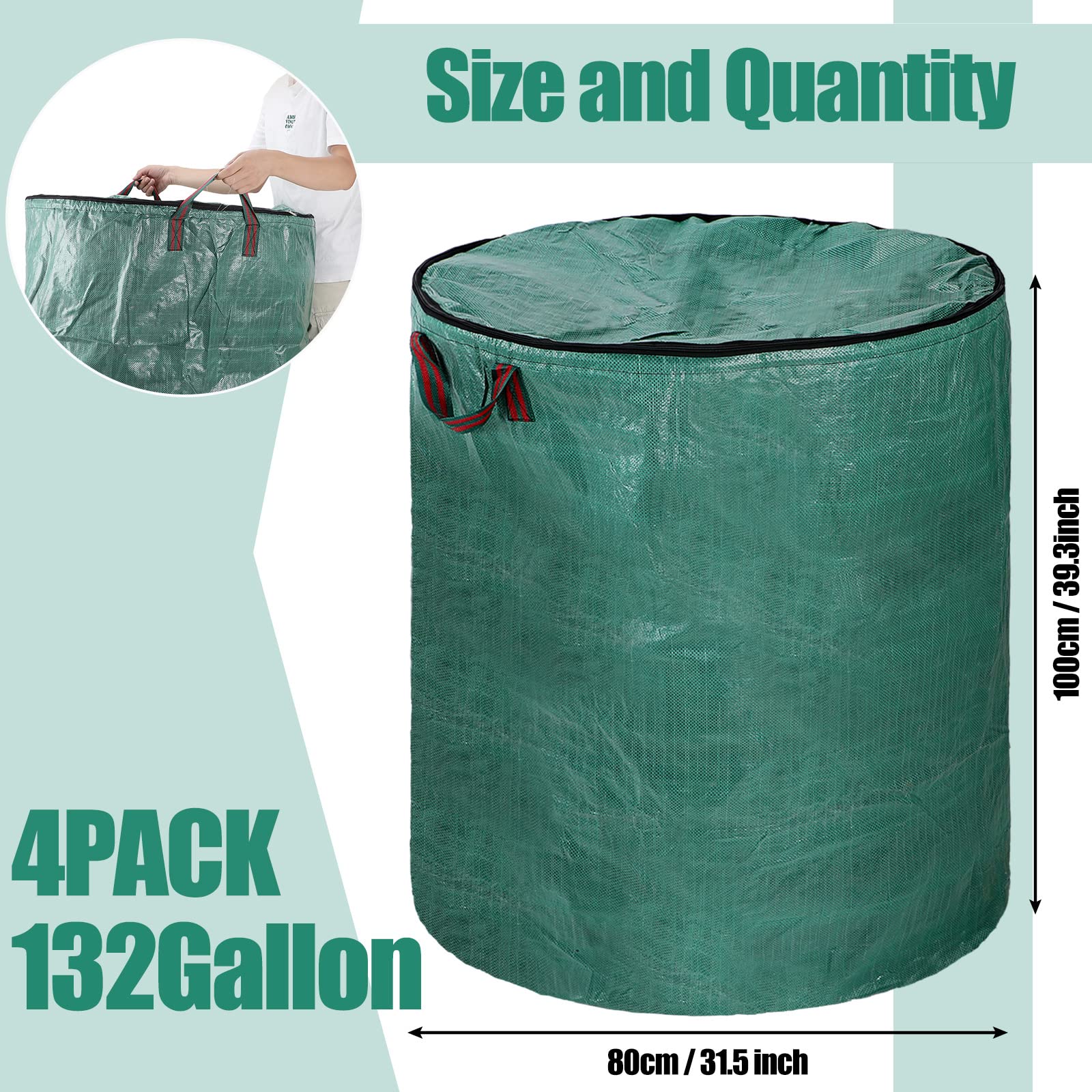 Kingdder 4 Pack 132 Gallon Reusable Yard Waste Bags with Lid, Extra Large Lawn Leaf Bags with 2 Handles & Zipper, Heavy Duty Collapsible Garden Yard Leaf Containers for Outdoor Debris Leaves