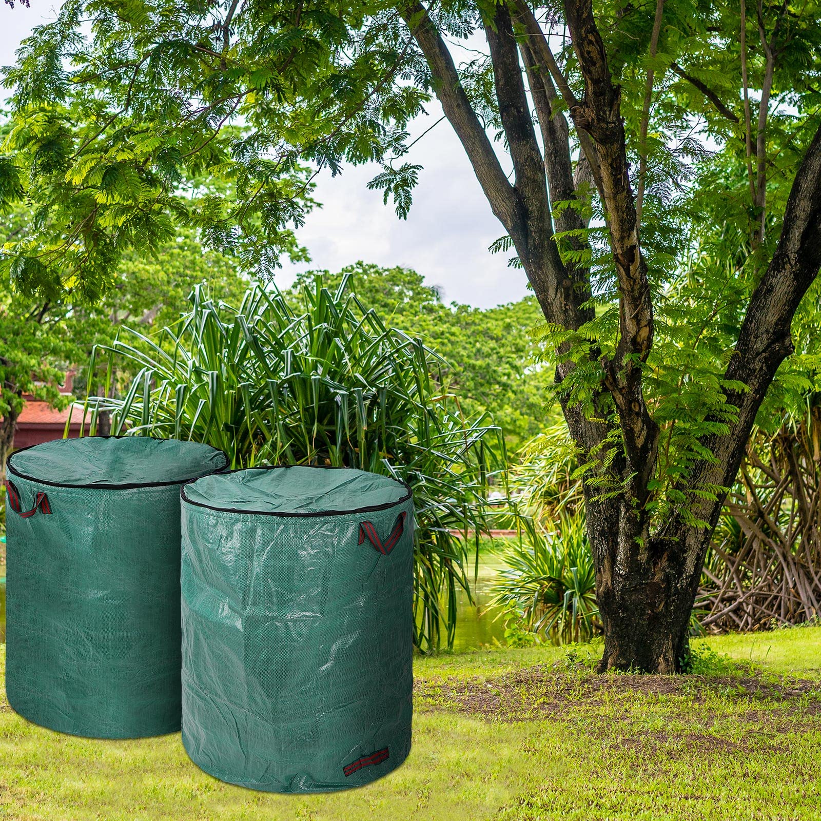 Kingdder 4 Pack 132 Gallon Reusable Yard Waste Bags with Lid, Extra Large Lawn Leaf Bags with 2 Handles & Zipper, Heavy Duty Collapsible Garden Yard Leaf Containers for Outdoor Debris Leaves