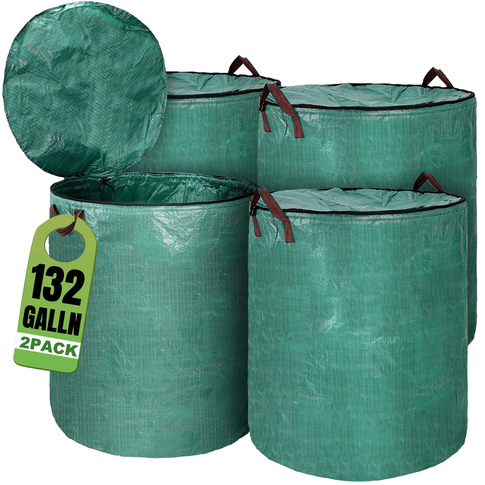Kingdder 4 Pack 132 Gallon Reusable Yard Waste Bags with Lid, Extra Large Lawn Leaf Bags with 2 Handles & Zipper, Heavy Duty Collapsible Garden Yard Leaf Containers for Outdoor Debris Leaves