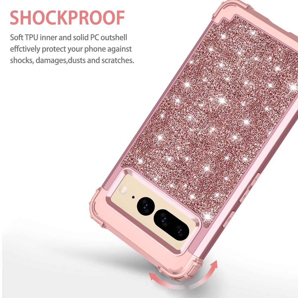 LONTECT for Google Pixel 7 Pro Case Glitter Sparkly Bling Shockproof Heavy Duty Hybrid Sturdy Drop Protective Cover Women Girl Case for Google Pixel 7 Pro 2022,Shiny Rose Gold