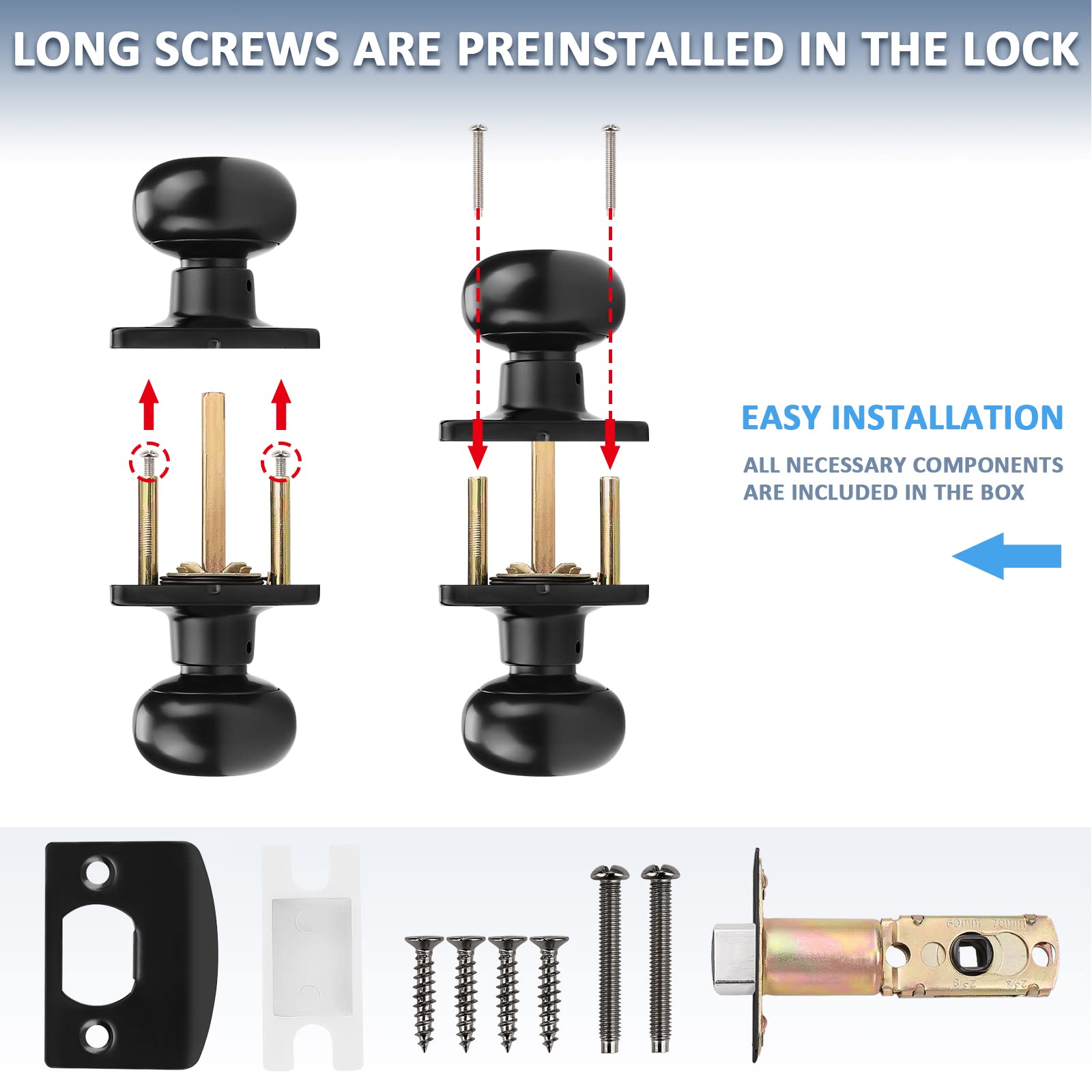 Mengico Door Knobs, 10 Pack Black Passage Door Knobs, Square Knob Faceplate, Handle for French Doors, Hallway, Non-Locking Interior Doorknob