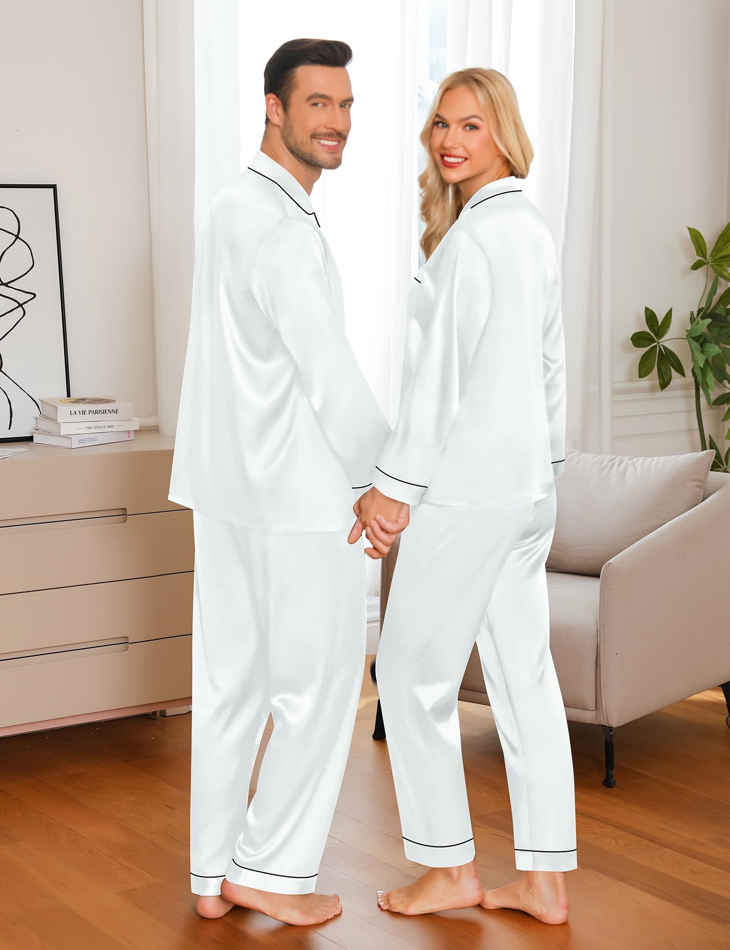 SWOMOG Couple Matching Pajamas Set Silk Satin Button Down Sleepwear Long Sleeve Nightwear 2 Pcs Pj Set Women White Large