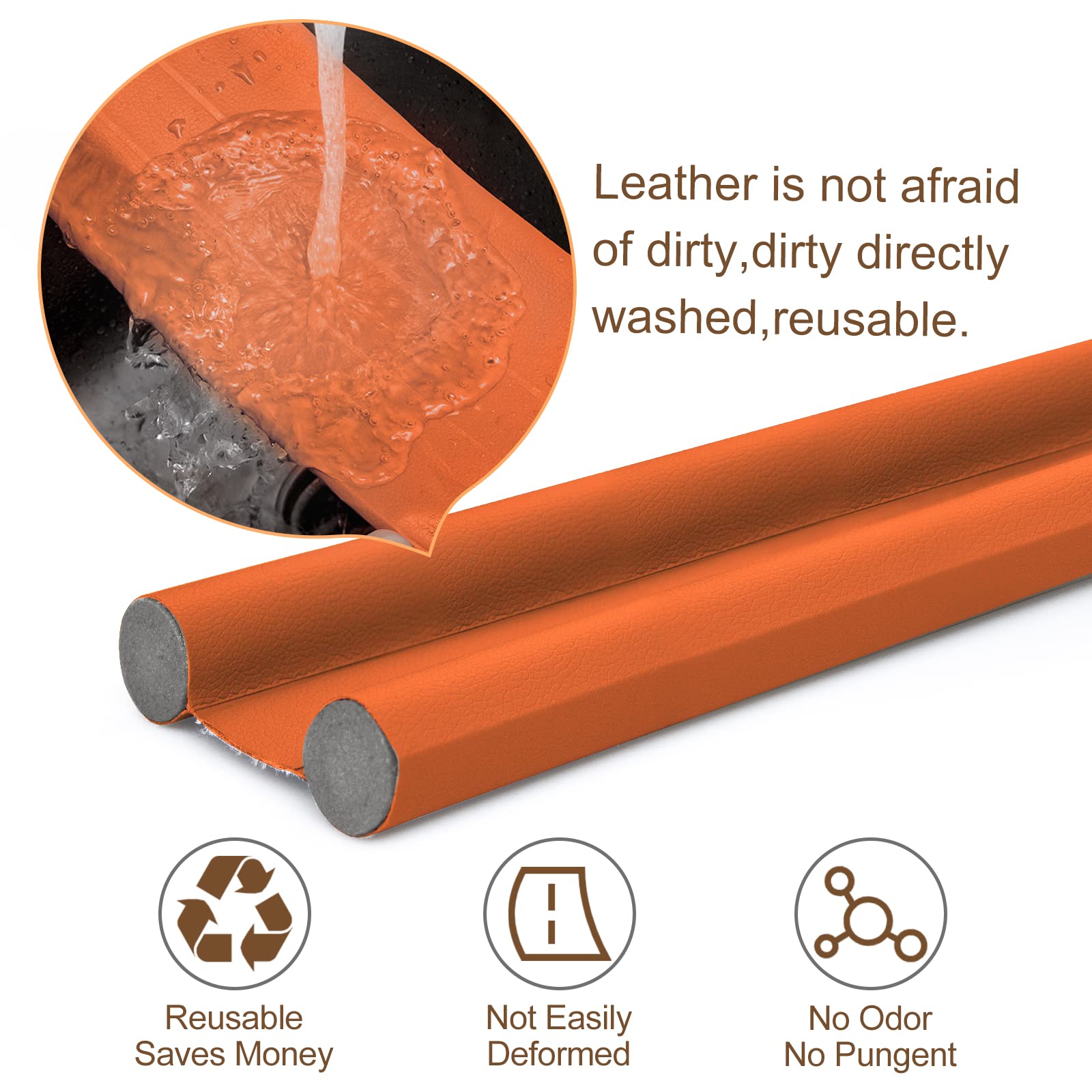 2PCS Under Door Draft Stopper,Twin Door Draft Blocker Weather Stripping Noise Cold Air Blocker Window,Washable,Dust Proof,Removable,Adjustable Door Sweeps 38"(Orange)