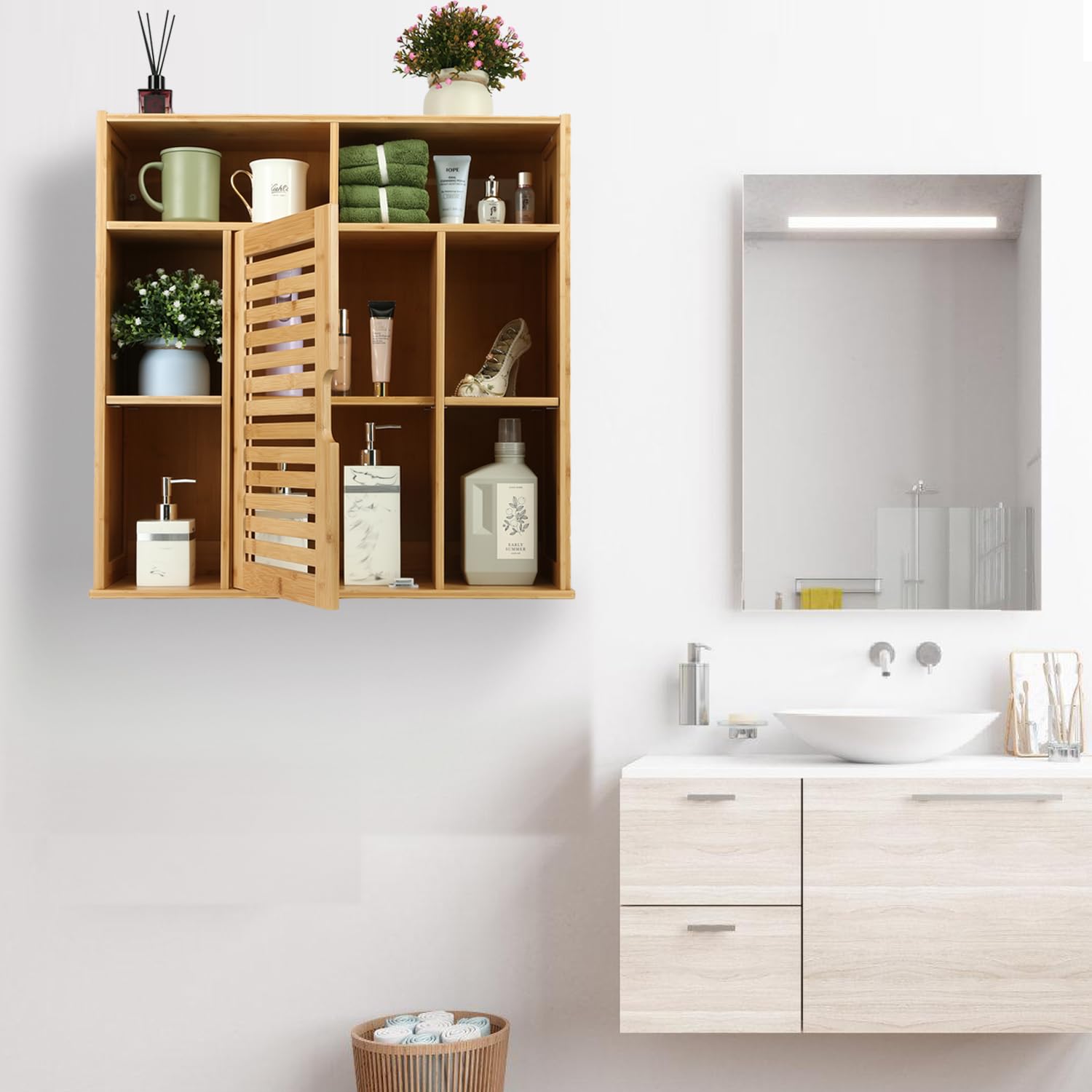HYNAWIN Bamboo 2 Tier Bathroom Wall Cabinet with Adjustable Shelf, Double Door Cabinet for Bathroom, Living Room (Modern)