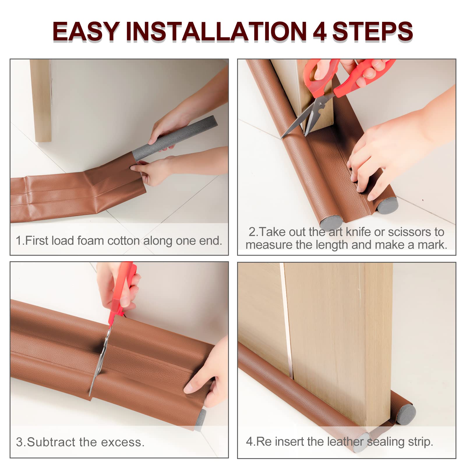 2PCS Under Door Draft Stopper,Twin Door Draft Blocker Weather Stripping Noise Cold Air Blocker Window,Washable,Dust Proof,Removable,Adjustable Door Sweeps 38"(Brown)