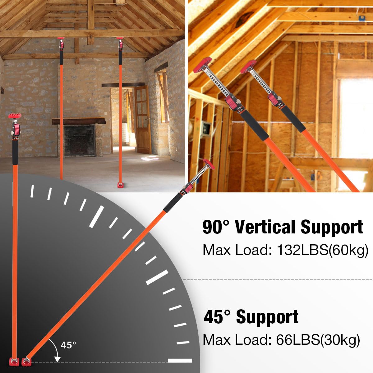 Cabinet Adjustable Support Pole, Upper Hand Work Support for Cabinet Jacks 3rd Hand Support System with Adjustable Length Non-Slip Pads and Telescopic Pole,Extends from 57" to 114", 2 Pack