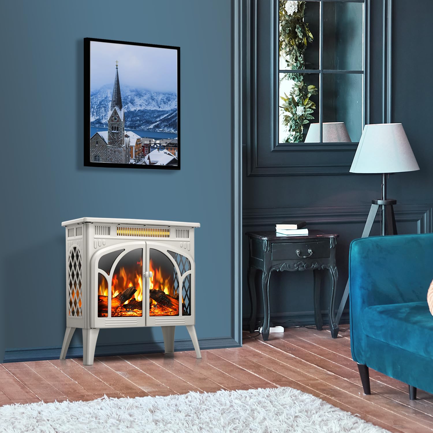 R.W.FLAME Electric Fireplace Heater 25" with Remote, Cathedral Stylish, Different Flame Effects and Log Set Colors, Adjustable Brightness and Heating Mode, Overheating Safe Design, Beige