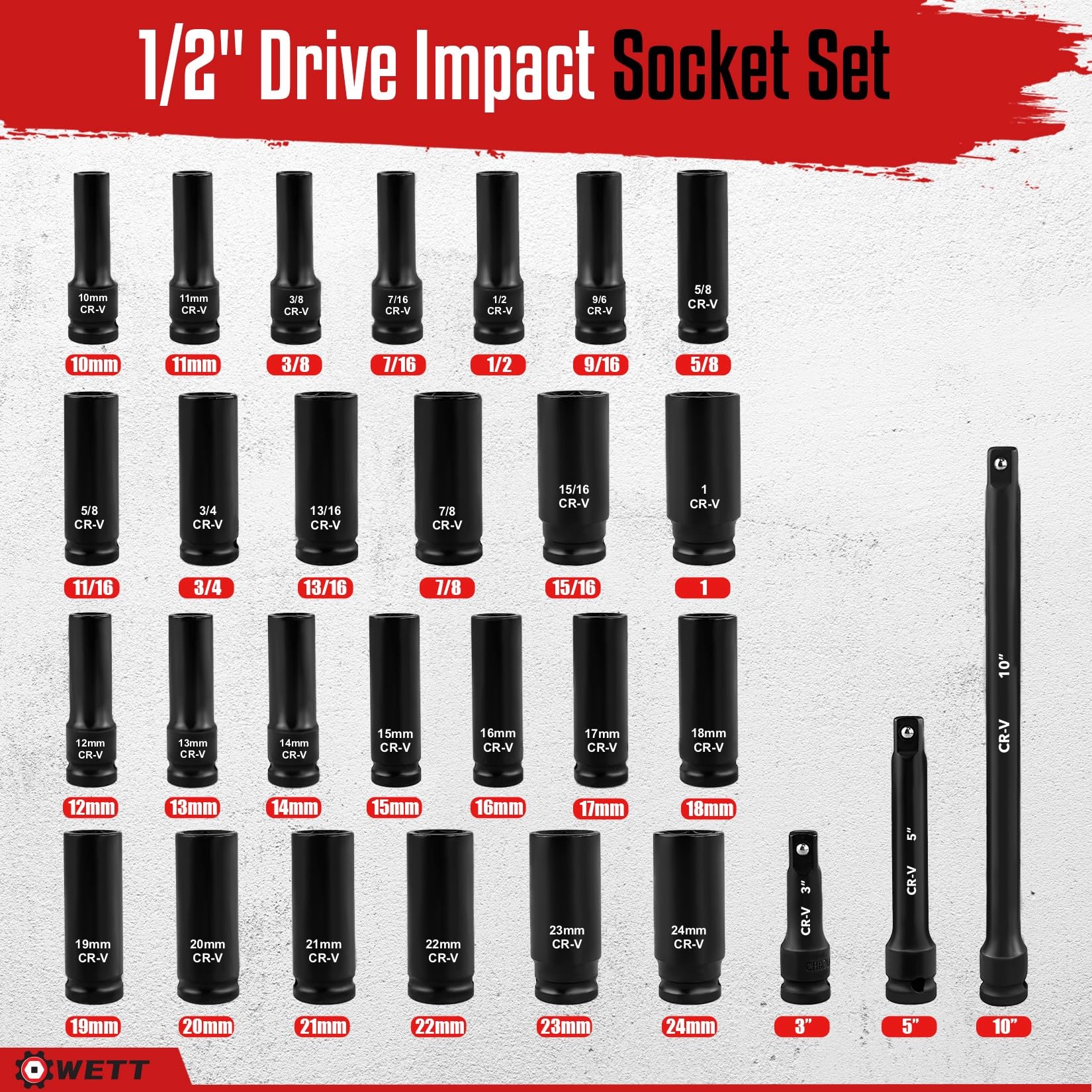 WETT 1/2" Drive Impact Socket Set, 29 Piece Deep Socket with Extension Bar, Cr-V Steel, SAE & Metric, 6 Point, (3/8" - 1", 10-24mm)