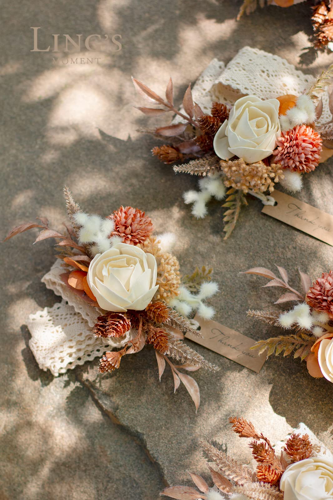 Ling's Moment 6pcs Homecoming Wedding Wrist Corsage Artificial Flowers, Girl/Mother Prom Corsages Wristlet Décor, etc. Boho Dried Rustic
