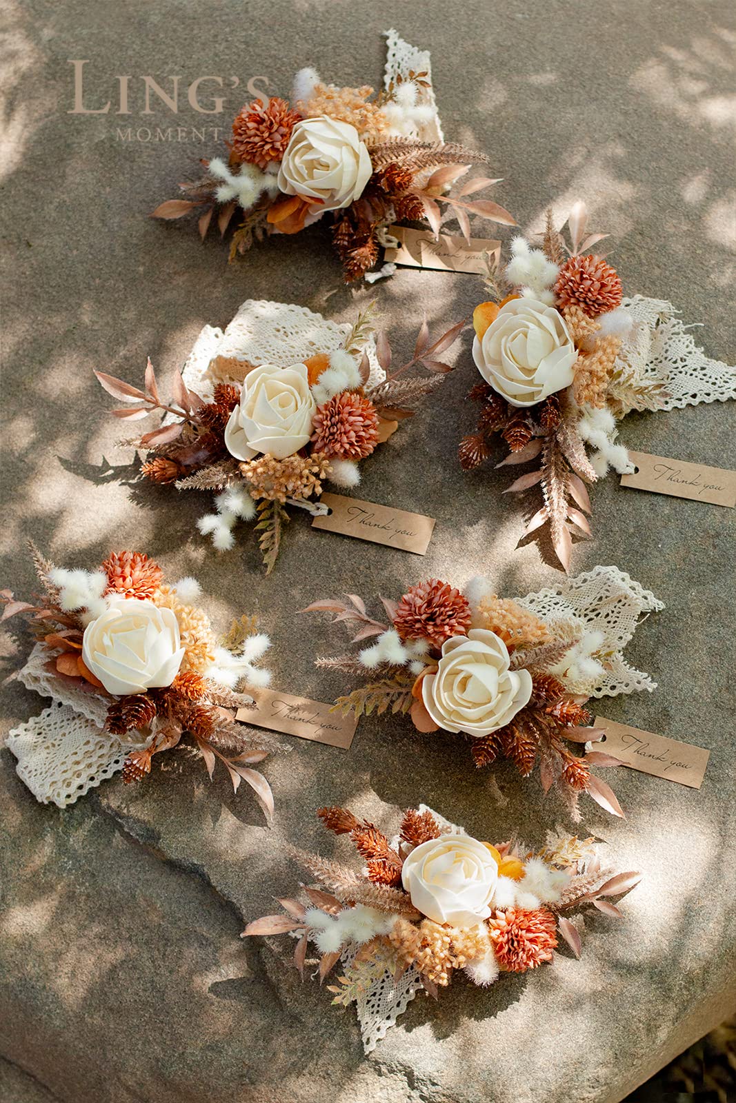 Ling's Moment 6pcs Homecoming Wedding Wrist Corsage Artificial Flowers, Girl/Mother Prom Corsages Wristlet Décor, etc. Boho Dried Rustic