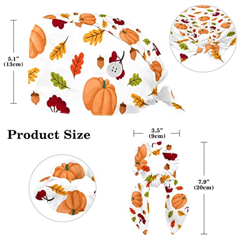 Bouffant Caps with Buttons, Autumn Pumpkin Leaves Acorn Surgical Hat for Medical & Rabbit Ear Scrunchie Set, Cotton Scrub Caps Sweatband