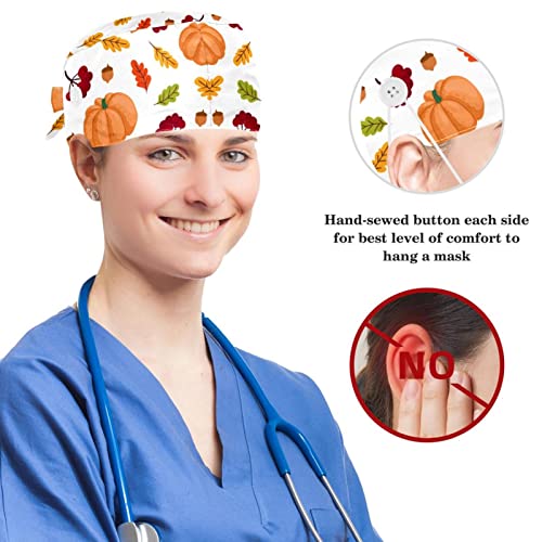 Bouffant Caps with Buttons, Autumn Pumpkin Leaves Acorn Surgical Hat for Medical & Rabbit Ear Scrunchie Set, Cotton Scrub Caps Sweatband