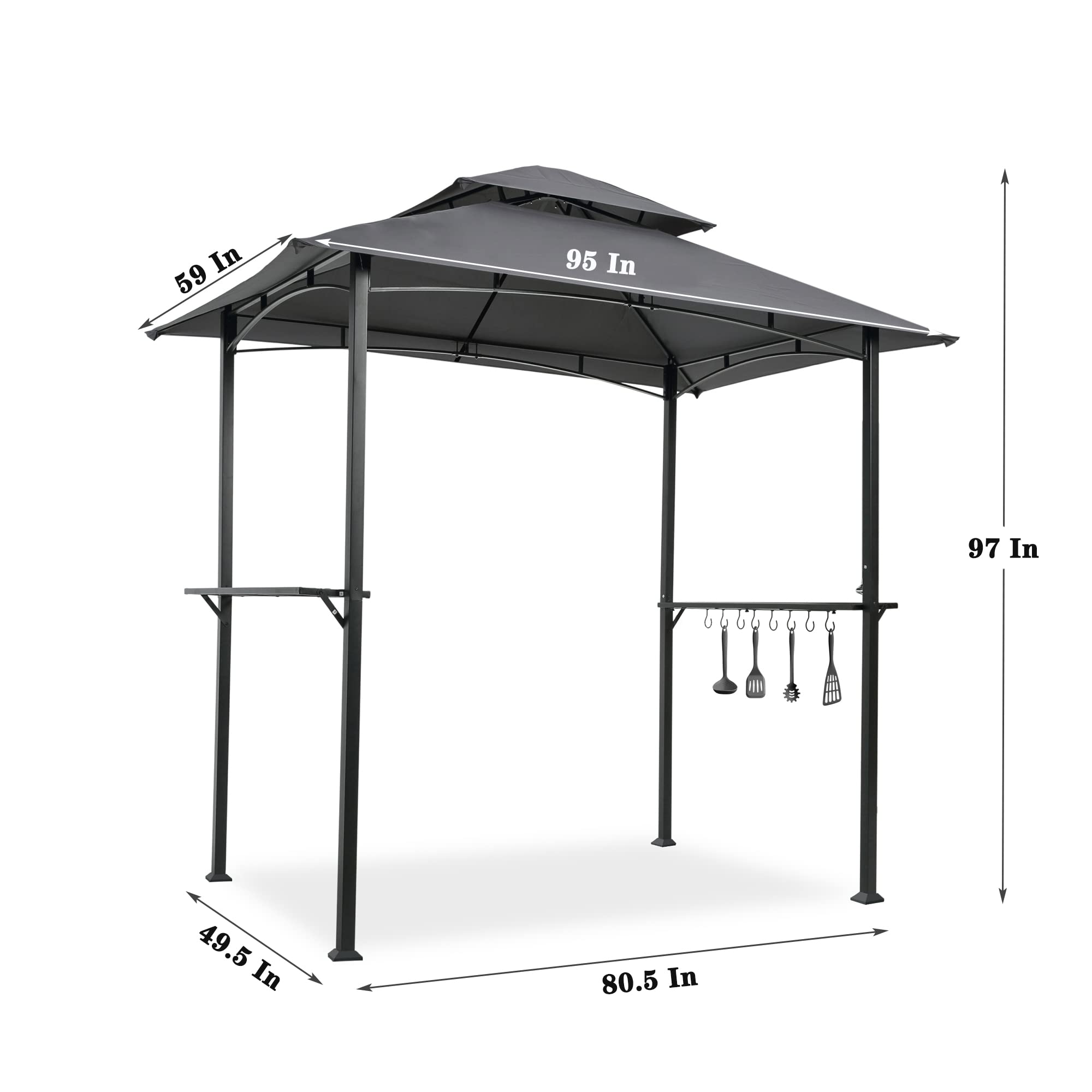 Gazebo Beach Canopy Outdoor Grill Gazebo 8 x 5 Ft, Shelter Tent, Double Tier Soft Top Canopy and Steel Frame with Hook and Bar Counters, Grey