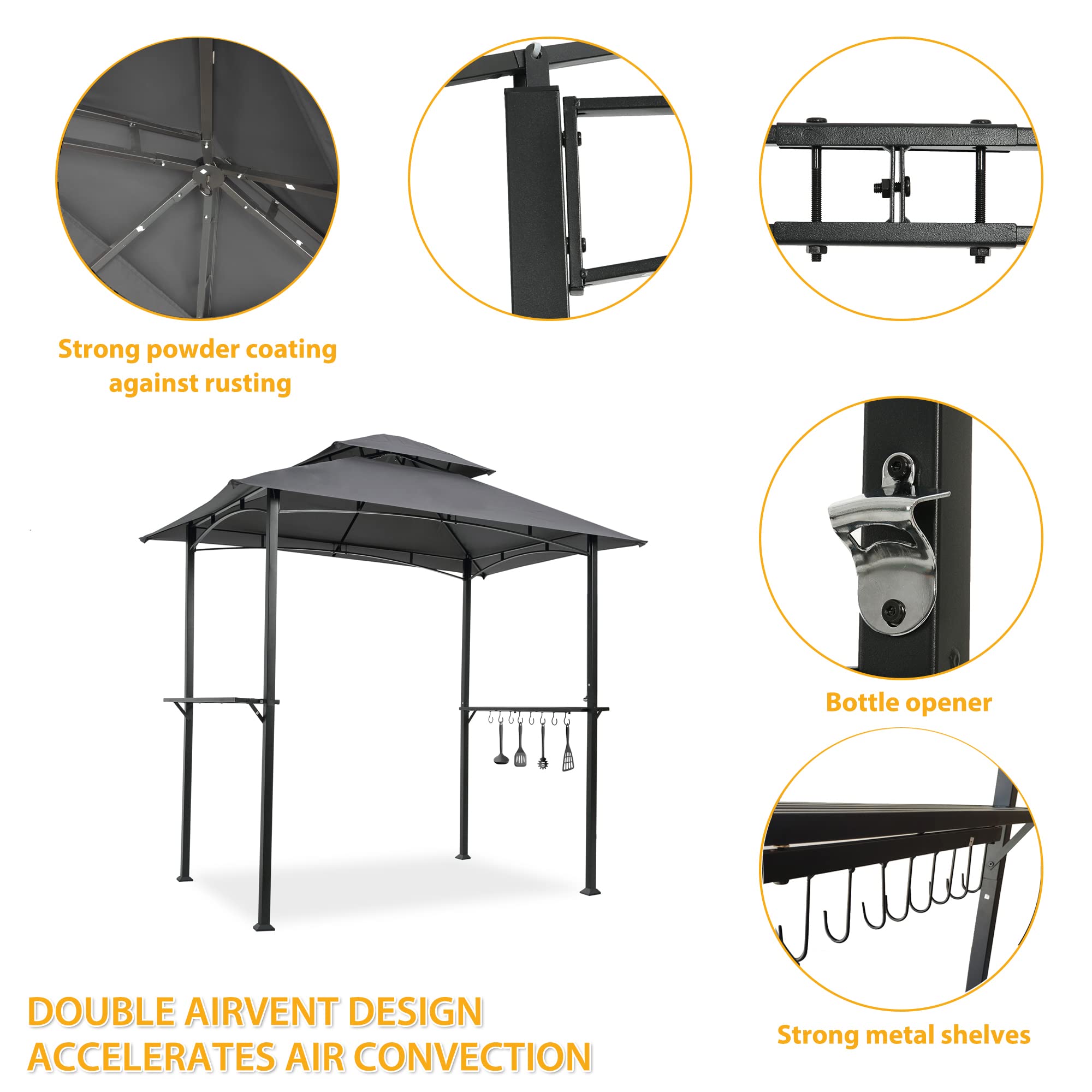 Gazebo Beach Canopy Outdoor Grill Gazebo 8 x 5 Ft, Shelter Tent, Double Tier Soft Top Canopy and Steel Frame with Hook and Bar Counters, Grey