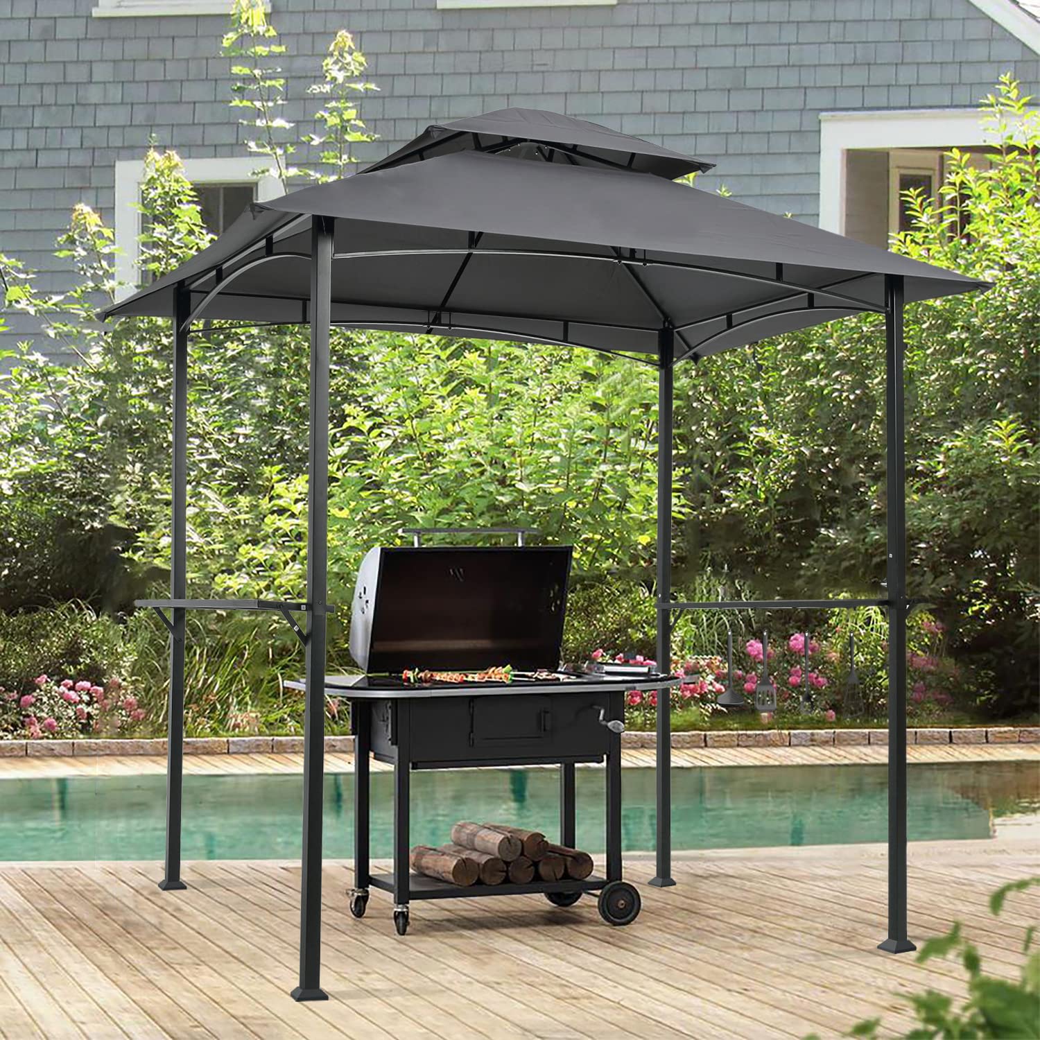 Gazebo Beach Canopy Outdoor Grill Gazebo 8 x 5 Ft, Shelter Tent, Double Tier Soft Top Canopy and Steel Frame with Hook and Bar Counters, Grey