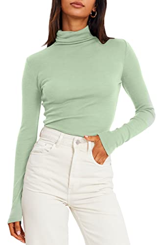 Trendy Queen Womens Turtleneck Long Sleeve Shirts Mock Neck Fall Fashion Basic Layering Tight Stretch Thermal Underwear Scrub Fashion Outfits Business Clothes Sage