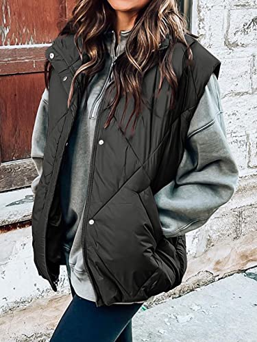 MEROKEETY Puffer Vest for Women Lightweight Fall Snap Button Quilted Jacket Coat with Pockets,Black,XL
