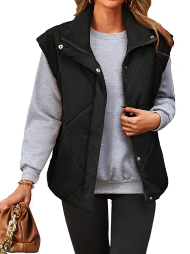 MEROKEETY Puffer Vest for Women Lightweight Fall Snap Button Quilted Jacket Coat with Pockets,Black,XL
