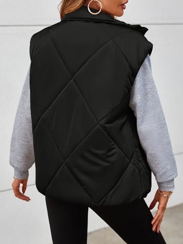 MEROKEETY Puffer Vest for Women Lightweight Fall Snap Button Quilted Jacket Coat with Pockets,Black,XL