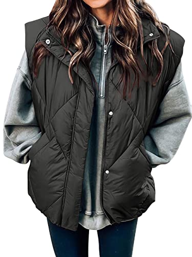 MEROKEETY Puffer Vest for Women Lightweight Fall Snap Button Quilted Jacket Coat with Pockets,Black,XL