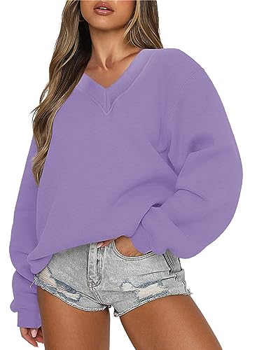 LAMISSCHE Womens Oversized V Neck Sweatshirt Casual Loose Long Sleeve Pullover Daily Workout Lightweight Cute Tops(Z01-Purple,S)