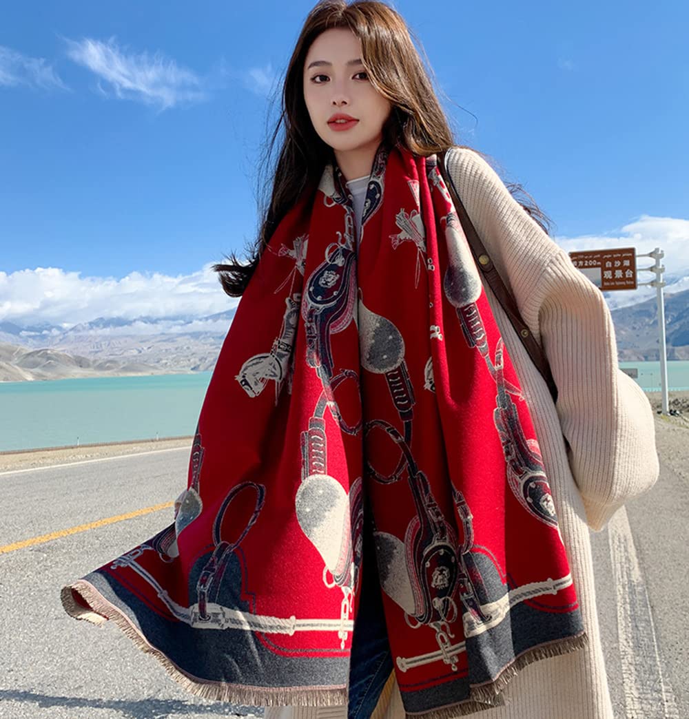 Women's Blanket Chunky,Pashmina Shawls Wraps Oversized Winter & Fall Warm Scarfs Soft Cashmere Feel for Girls and Women (Red-Carriage)