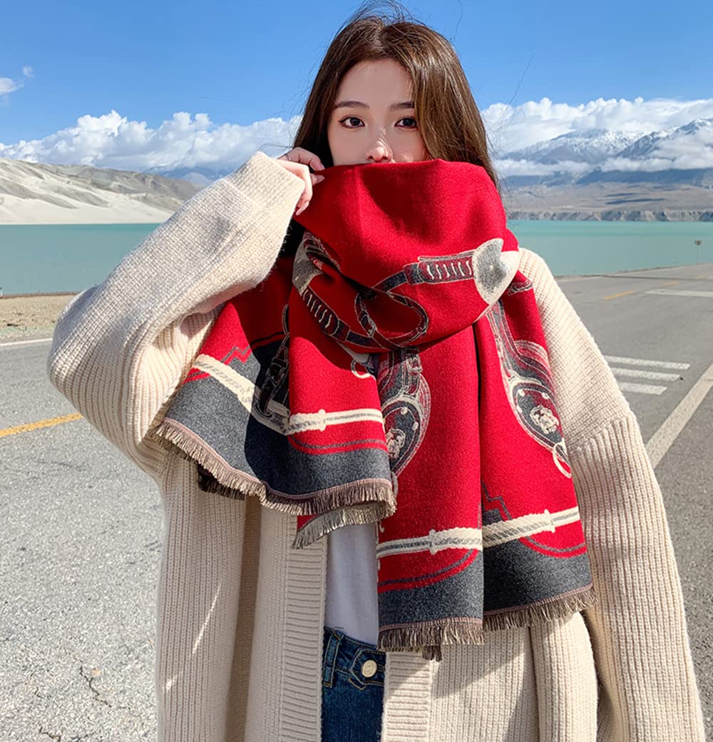 Women's Blanket Chunky,Pashmina Shawls Wraps Oversized Winter & Fall Warm Scarfs Soft Cashmere Feel for Girls and Women (Red-Carriage)
