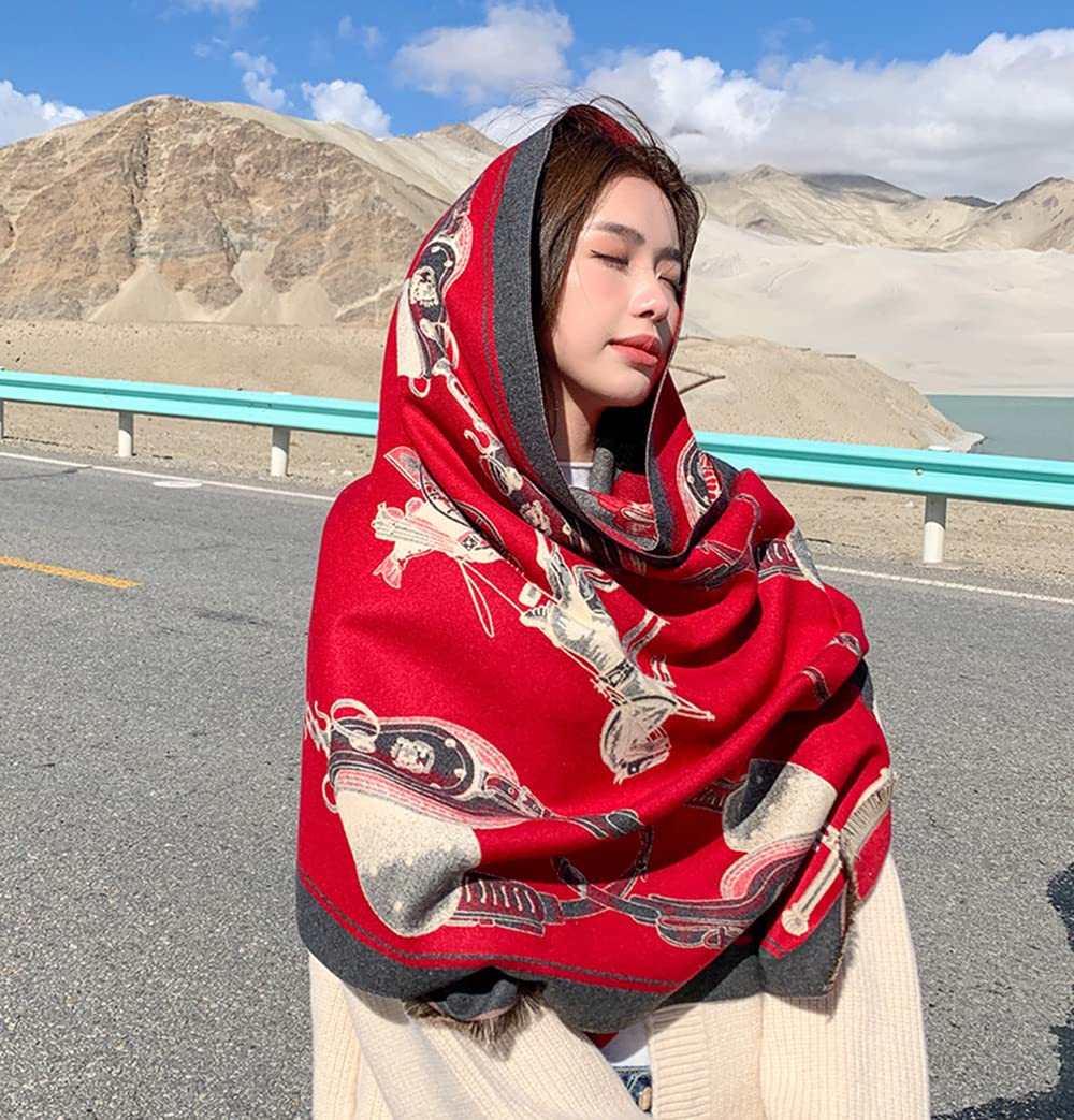 Women's Blanket Chunky,Pashmina Shawls Wraps Oversized Winter & Fall Warm Scarfs Soft Cashmere Feel for Girls and Women (Red-Carriage)