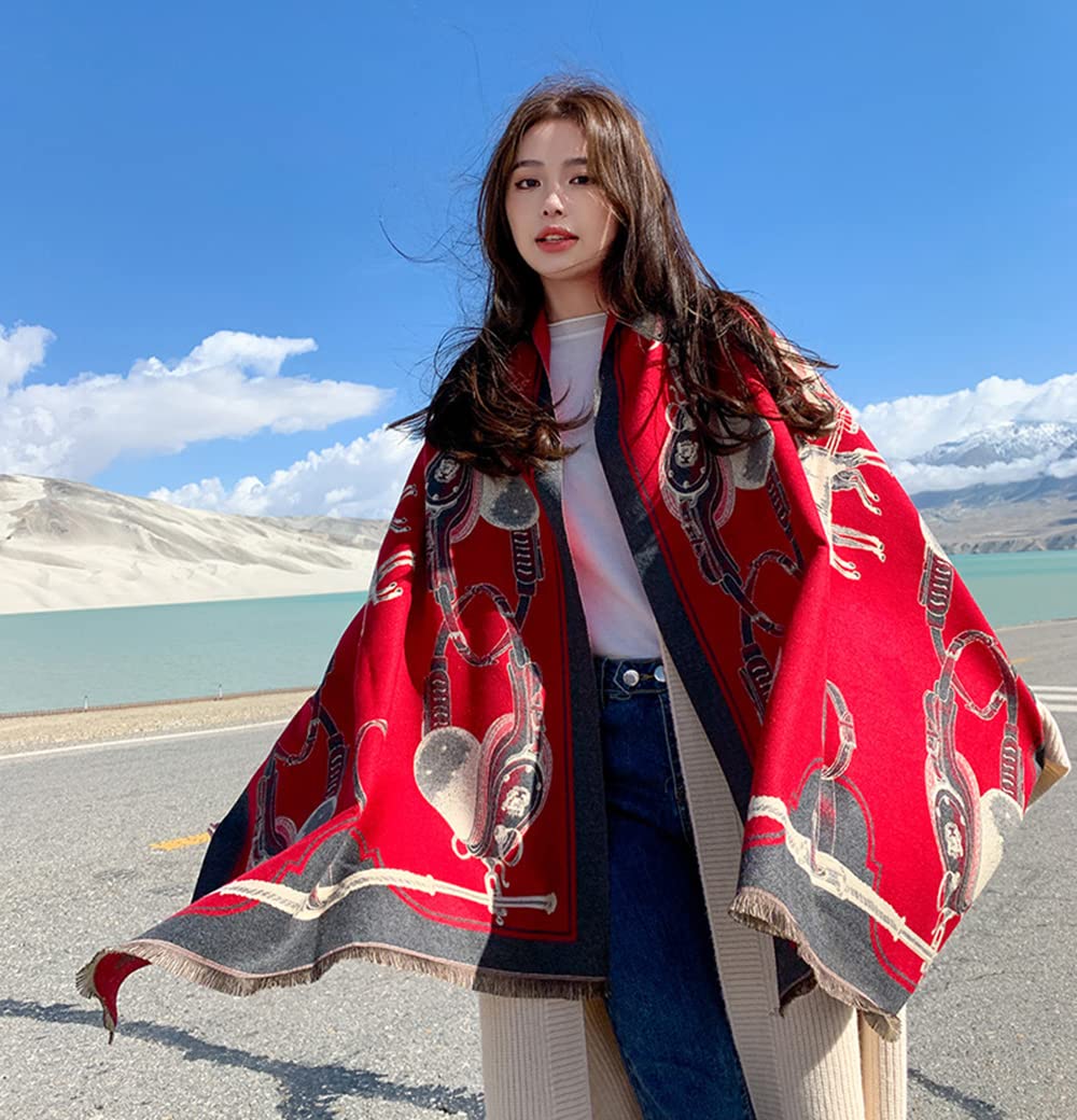 Women's Blanket Chunky,Pashmina Shawls Wraps Oversized Winter & Fall Warm Scarfs Soft Cashmere Feel for Girls and Women (Red-Carriage)