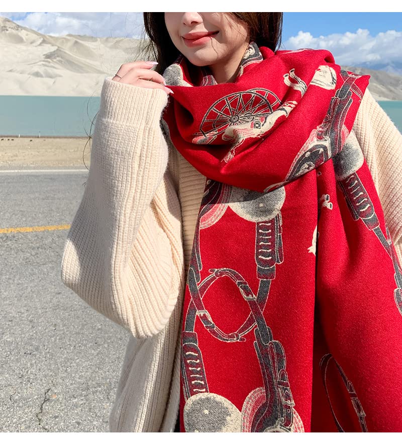 Women's Blanket Chunky,Pashmina Shawls Wraps Oversized Winter & Fall Warm Scarfs Soft Cashmere Feel for Girls and Women (Red-Carriage)