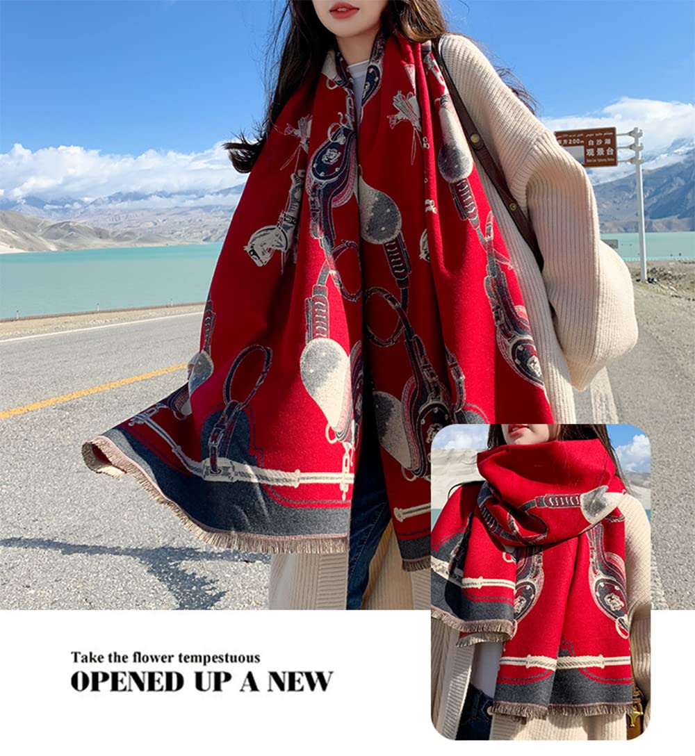 Women's Blanket Chunky,Pashmina Shawls Wraps Oversized Winter & Fall Warm Scarfs Soft Cashmere Feel for Girls and Women (Red-Carriage)