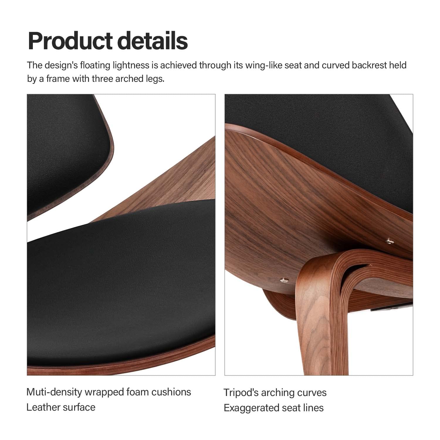 Furgle Mid Century Modern Chair Tripod Design Shell Chair with Black PU Leather Plywood Solid Wood Cute Accent Chair for Living Room, Reading Side Chair for Bedroom, Study, Office