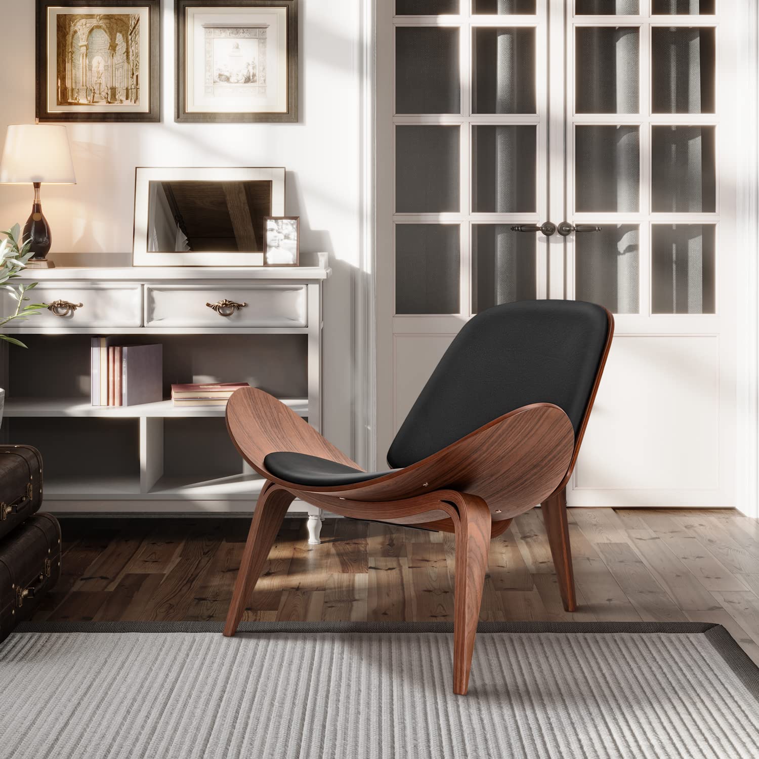 Furgle Mid Century Modern Chair Tripod Design Shell Chair with Black PU Leather Plywood Solid Wood Cute Accent Chair for Living Room, Reading Side Chair for Bedroom, Study, Office