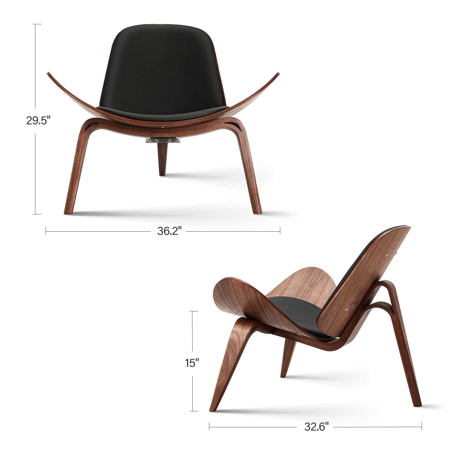 Furgle Mid Century Modern Chair Tripod Design Shell Chair with Black PU Leather Plywood Solid Wood Cute Accent Chair for Living Room, Reading Side Chair for Bedroom, Study, Office