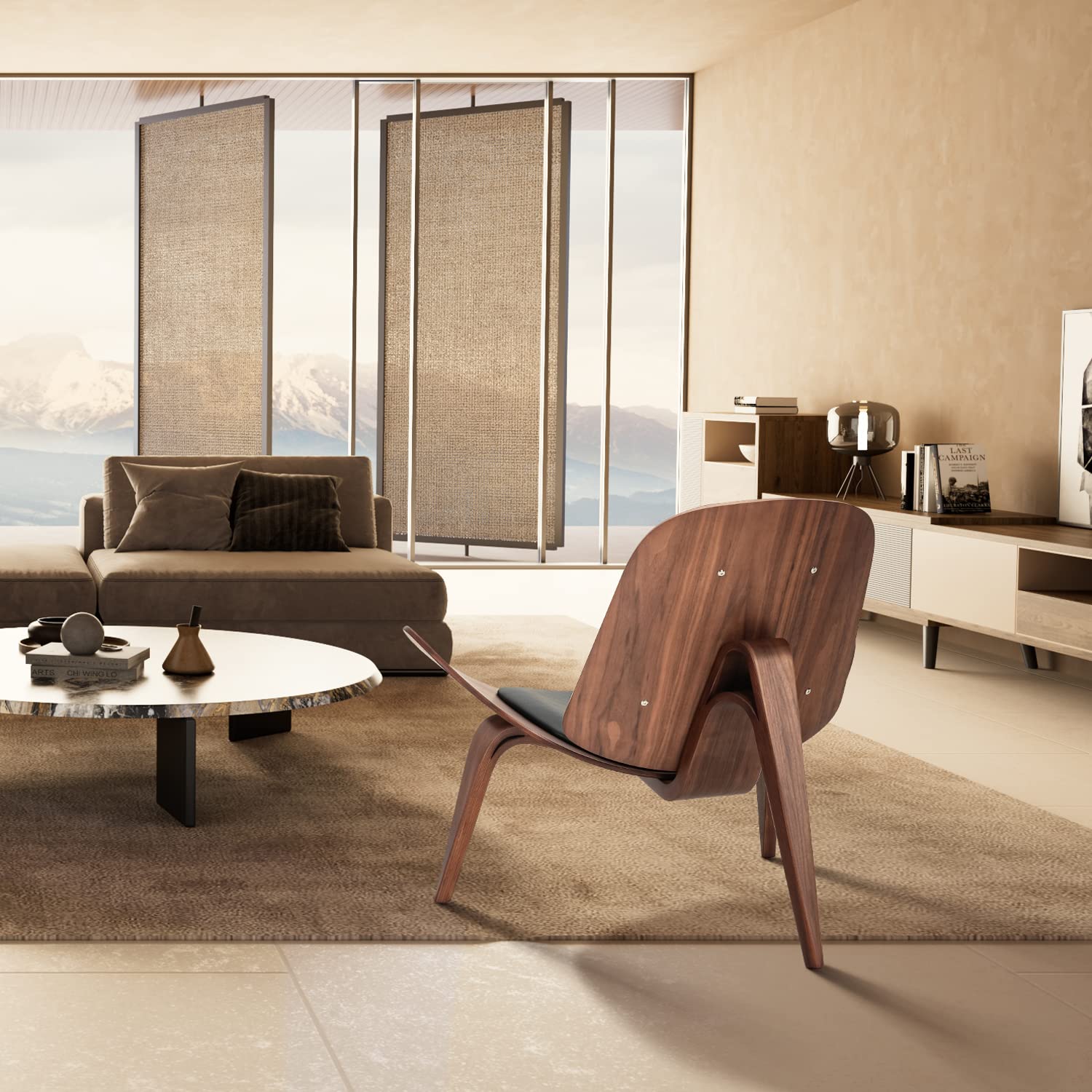 Furgle Mid Century Modern Chair Tripod Design Shell Chair with Black PU Leather Plywood Solid Wood Cute Accent Chair for Living Room, Reading Side Chair for Bedroom, Study, Office